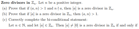 Solved Zero divisors in Zn. Let n be a positive integer. (a) | Chegg.com