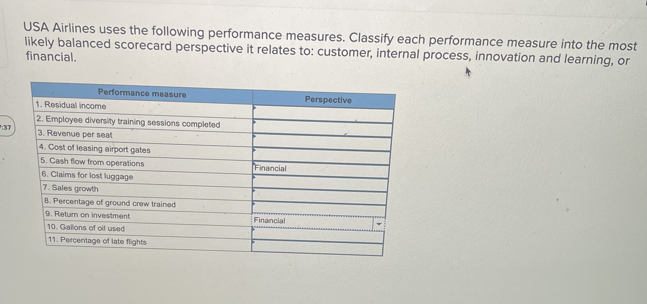 Solved Usa Airlines Uses The Following Performance Measures