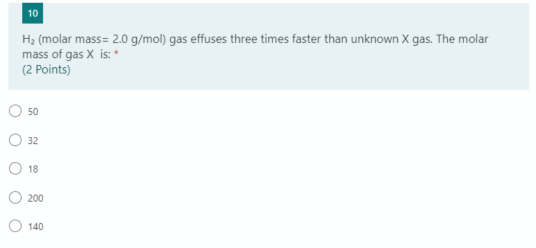 Solved 10 Hz (molar mass= 2.0 g/mol) gas effuses three times | Chegg.com
