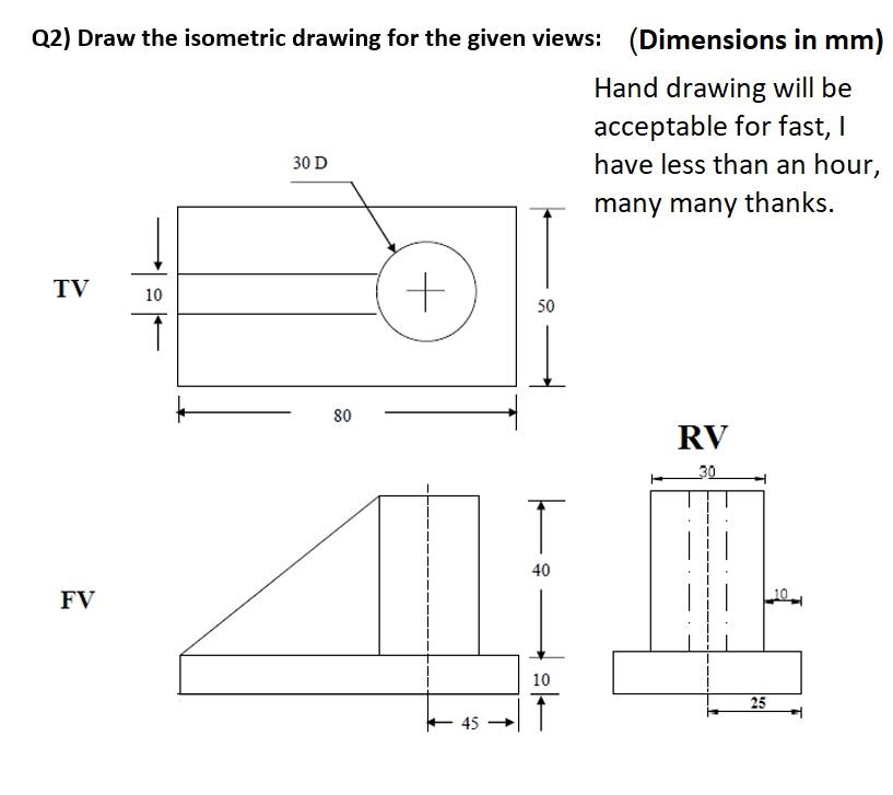 Solved Q2) Draw the isometric drawing for the given views: | Chegg.com