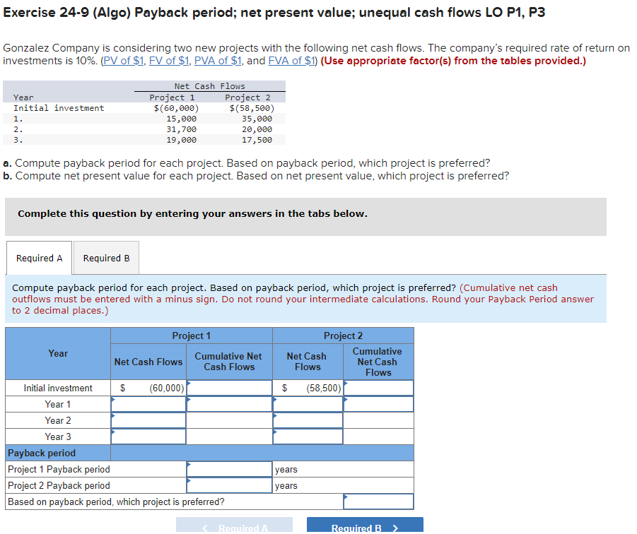 Solved Exercise 24-9 (Algo) Payback period; net present | Chegg.com