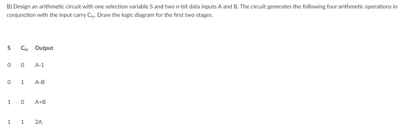 Solved B) Design an arithmetic circuit with one selection | Chegg.com