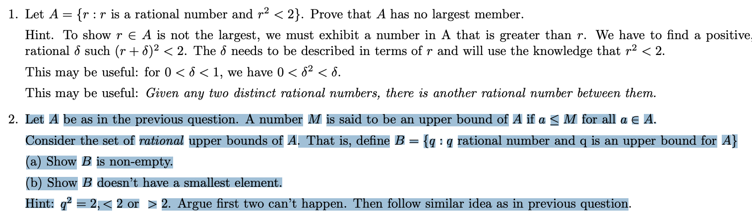 Solved 1. Let A={r:r is a rational number and r2