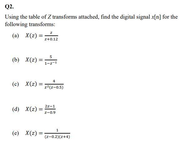 Solved Q2. Using the table of Z transforms attached, find | Chegg.com