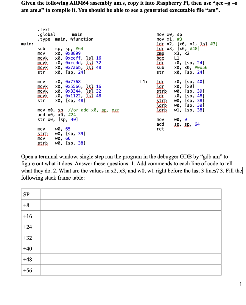 Solved Given the following ARM64 assembly am.s, copy it into | Chegg.com