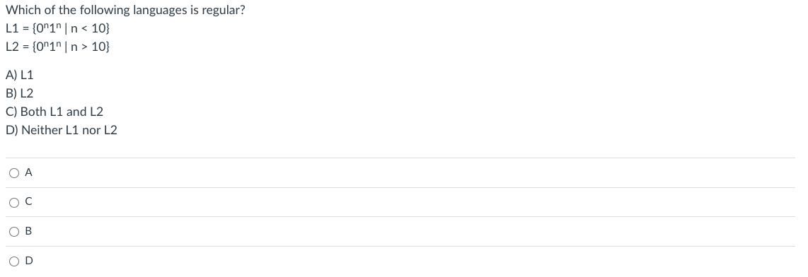 Solved Which of the following languages is regular? L1 = | Chegg.com