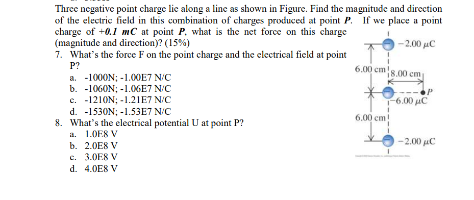 Solved Three negative point charge lie along a line as shown | Chegg.com