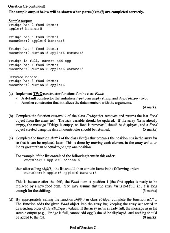 Solved Food is a class for storing information about a food | Chegg.com