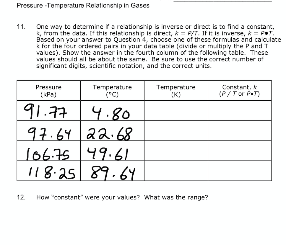 Solved Pressure -Temperature Relationship in Gases 11. One | Chegg.com