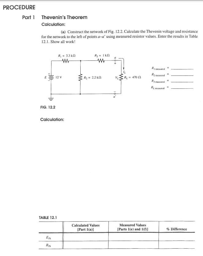 Solved PROCEDURE Part 1 Thevenin's Theorem Calculation: (a) | Chegg.com