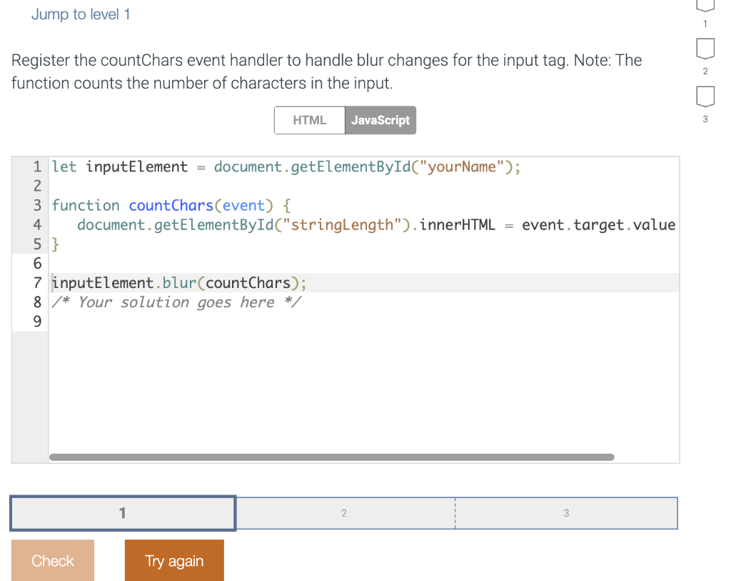 Solved Register the countChars event handler to handle blur | Chegg.com