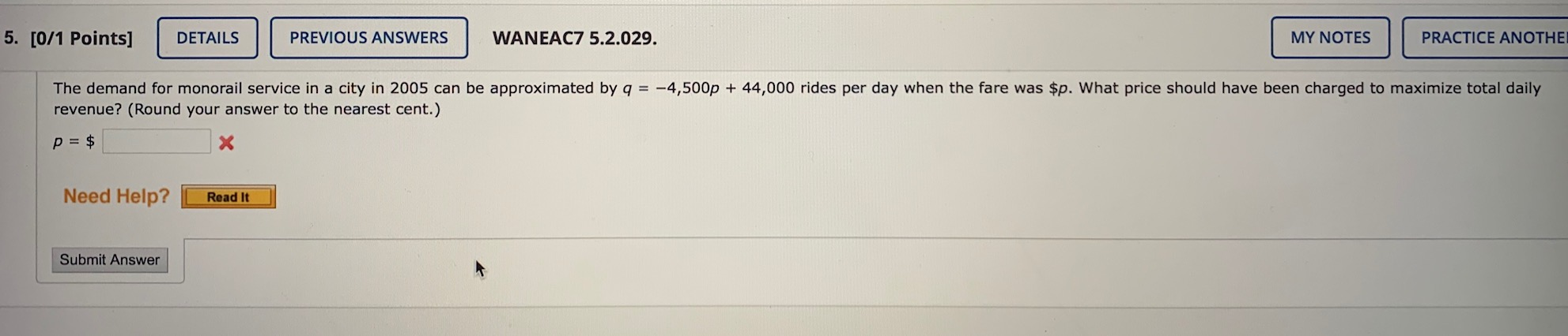 Solved 5. [0/1 Points] DETAILS PREVIOUS ANSWERS WANEAC7 | Chegg.com