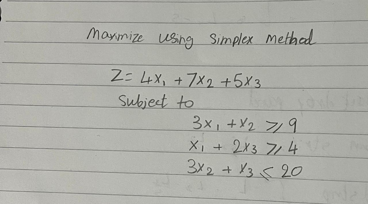 Solved Maximize using simplex method Z=4x + 7x2 + 5x3 | Chegg.com