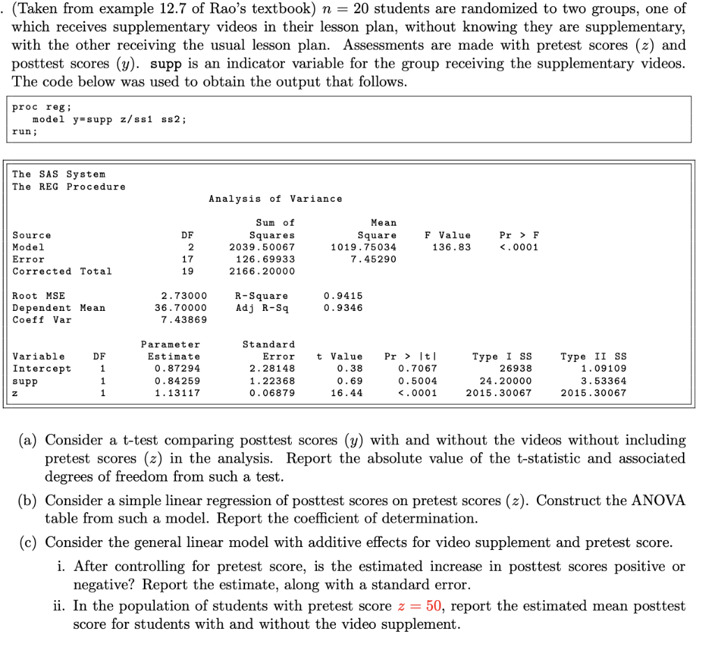 Taken from example 12.7 of Rao's textbook) n = 20 | Chegg.com