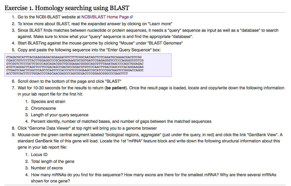 Exercise 1 Homology Searching Using Blast 1 Go To 