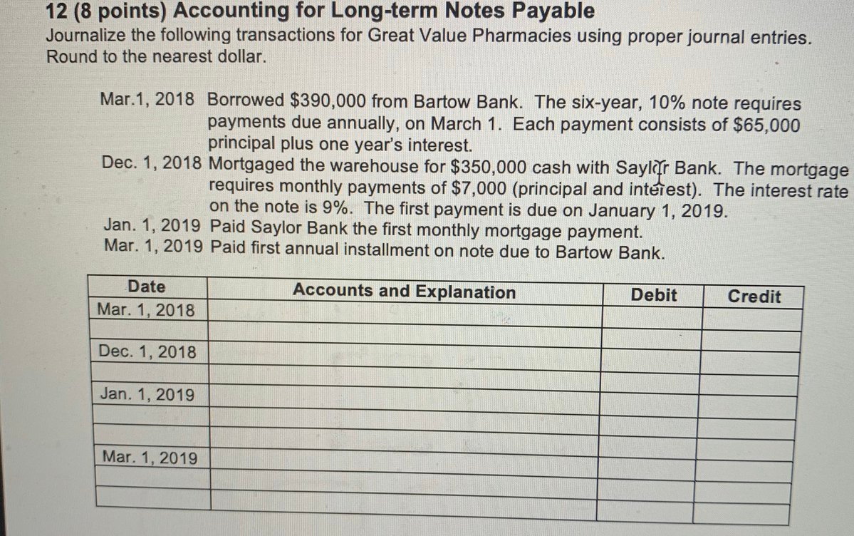 Solved 12 (8 points) Accounting for Long-term Notes Payable | Chegg.com