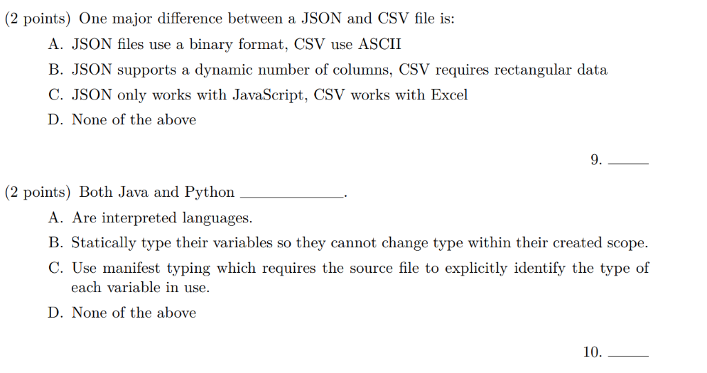 Solved 2 Points One Major Difference Between A JSON And CSV Chegg