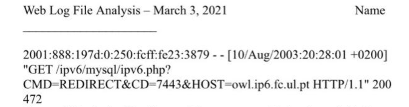 Solved Web Log File Analysis - March 3, 2021 Name | Chegg.com