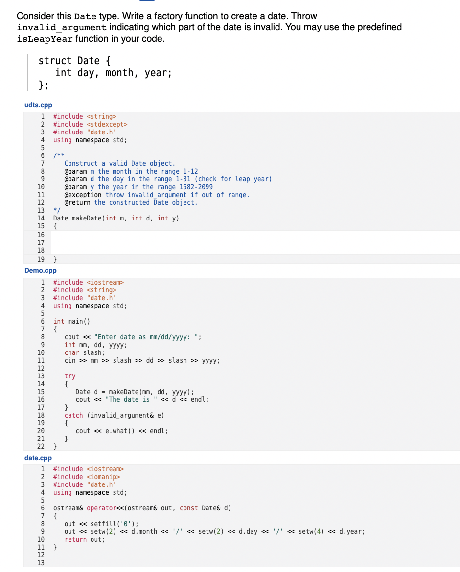 Solved Consider this Date type. Write a factory function to | Chegg.com