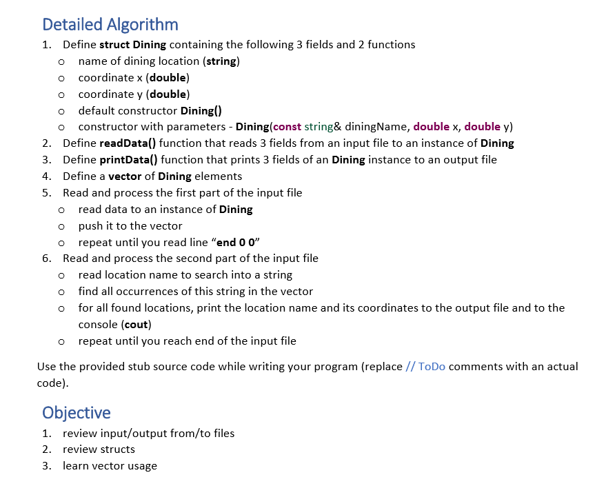 Solved Detailed Algorithm 1. Define struct Dining containing | Chegg.com