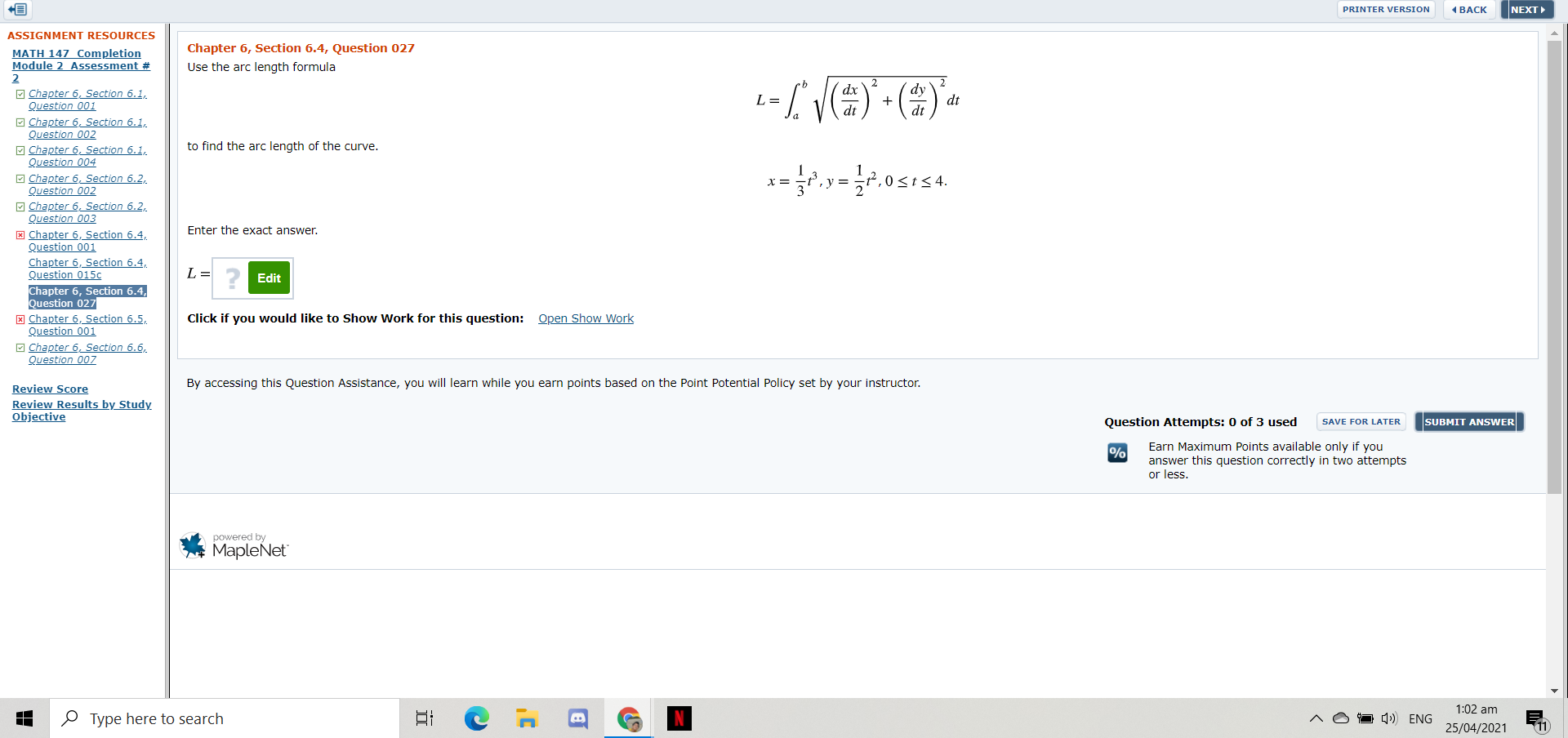 Solved 1 PRINTER VERSION 4 BACK NEXT Chapter 6, Section 6.4, | Chegg.com