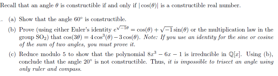 Solved Recall that an angle 6 is constructible if and only | Chegg.com