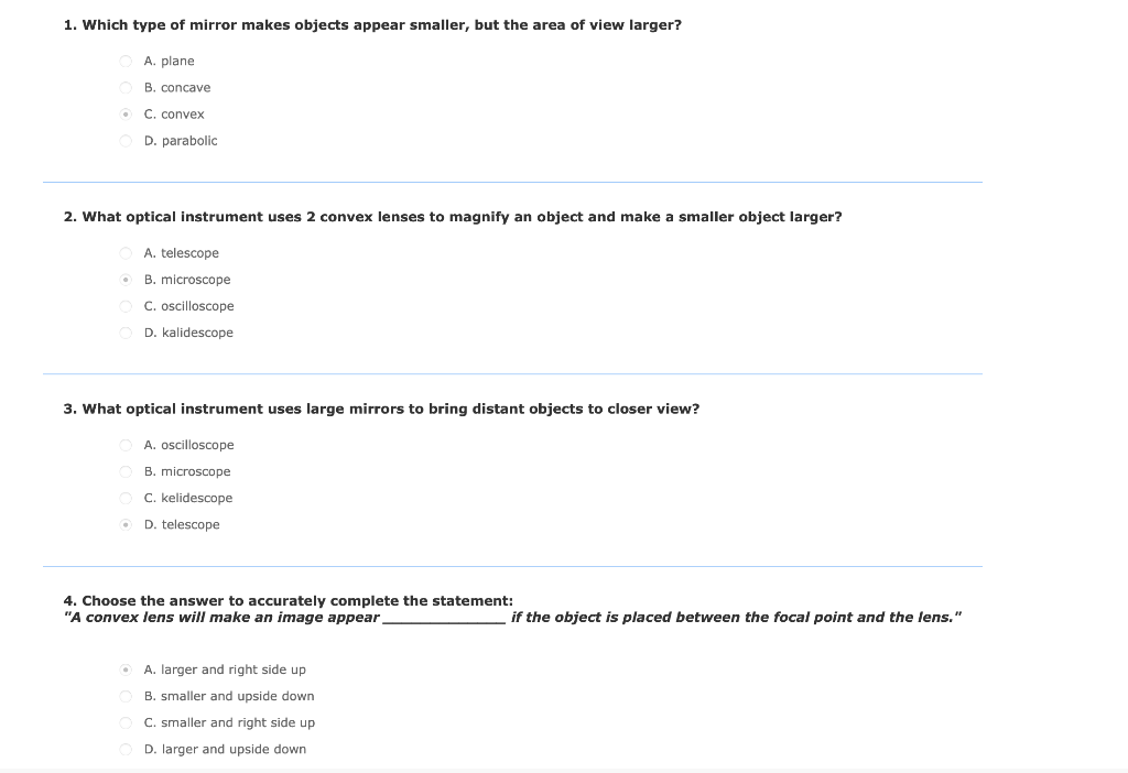 Solved 1. Which type of mirror makes objects appear smaller, | Chegg.com