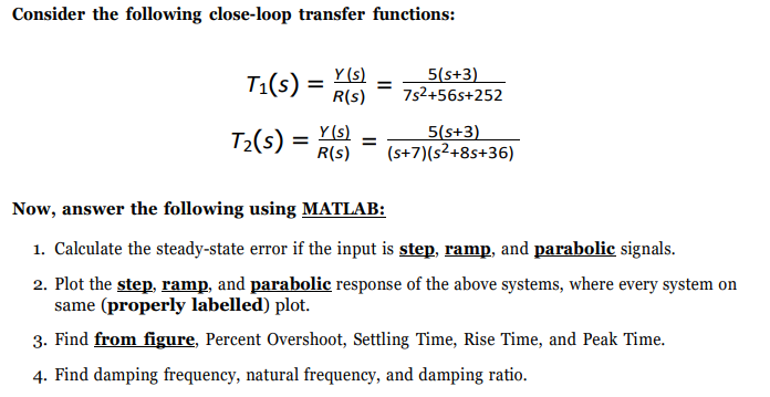 Solved Consider the following close-loop transfer functions: | Chegg.com