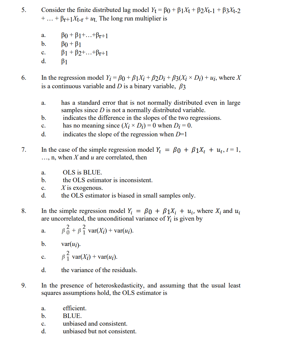 Solved 5. Consider the finite distributed lag model Yt = Bo | Chegg.com