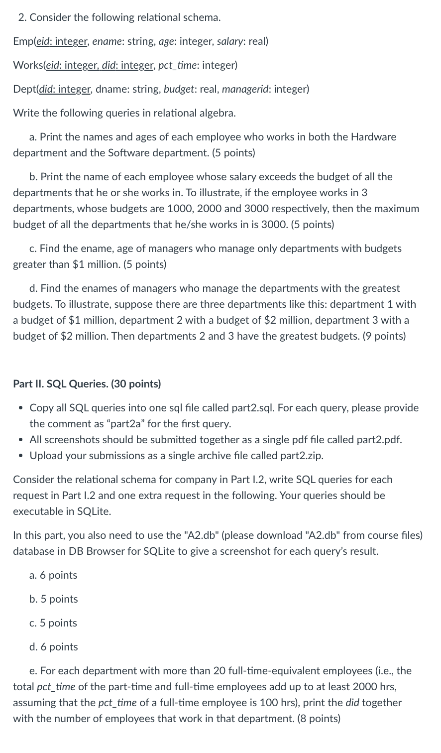 Solved 2. ﻿Consider the following relational schema.Emp(eid: | Chegg.com