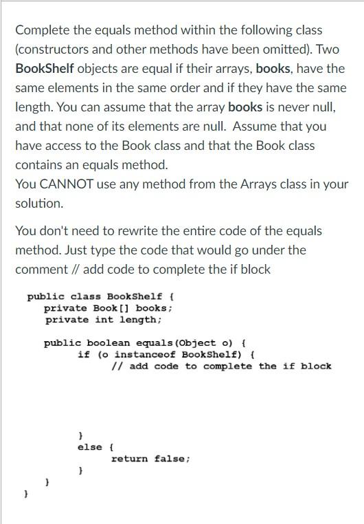 Solved Complete the equals method within the following class | Chegg.com