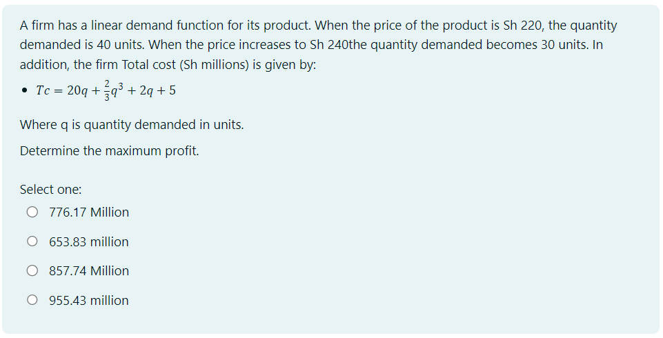 Solved A firm has a linear demand function for its product. | Chegg.com