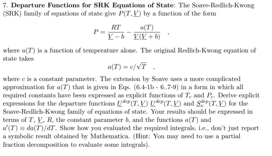7. Departure Functions for SRK Equations of State: | Chegg.com