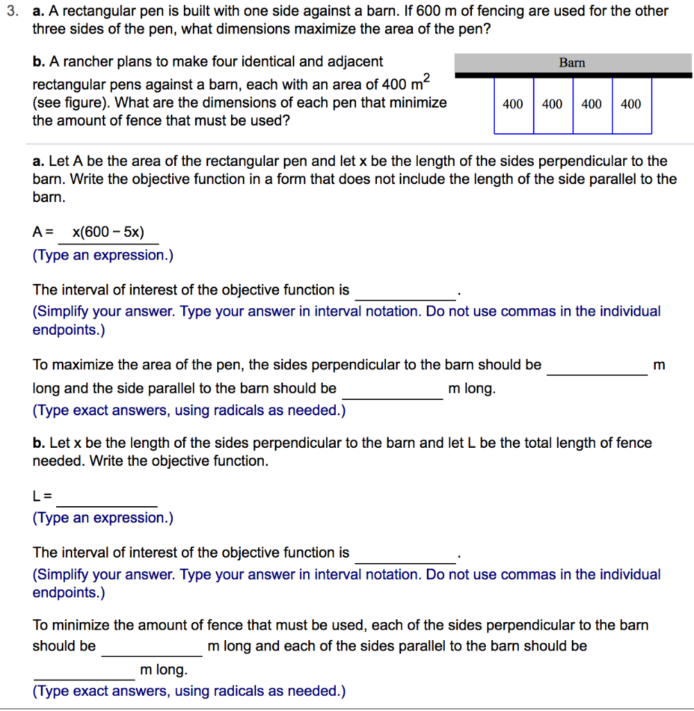 Solved 3. a. A rectangular pen is built with one side | Chegg.com
