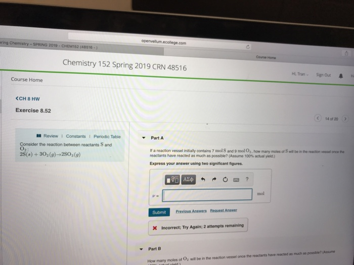 Solved openvellum.ecollege.com ring Chemistry- SPRING | Chegg.com