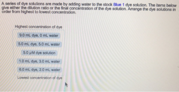 Solved A series of dye solutions are made by adding water to | Chegg.com