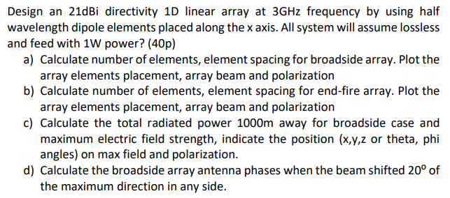 Design an 21dBi directivity 1D linear array at 3GHz | Chegg.com