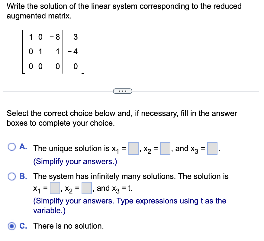 Solved Write the solution of the linear system corresponding | Chegg.com
