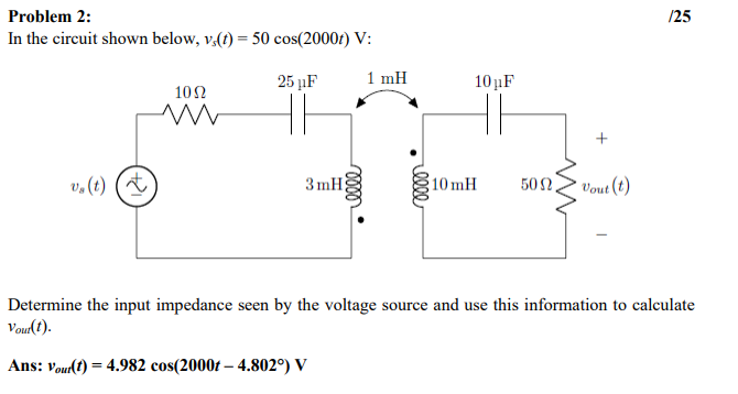 Solved In the circuit shown below, vs(t)=50cos(2000t)V : | Chegg.com