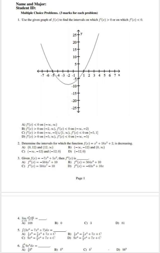 Solved Name and Major: Student ID: Multiple Choice Problems. | Chegg.com
