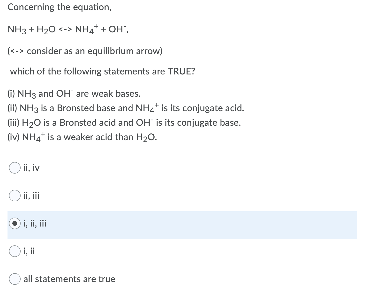 Solved Concerning the equation, NH3 + H2O NH4+ + OH", | Chegg.com