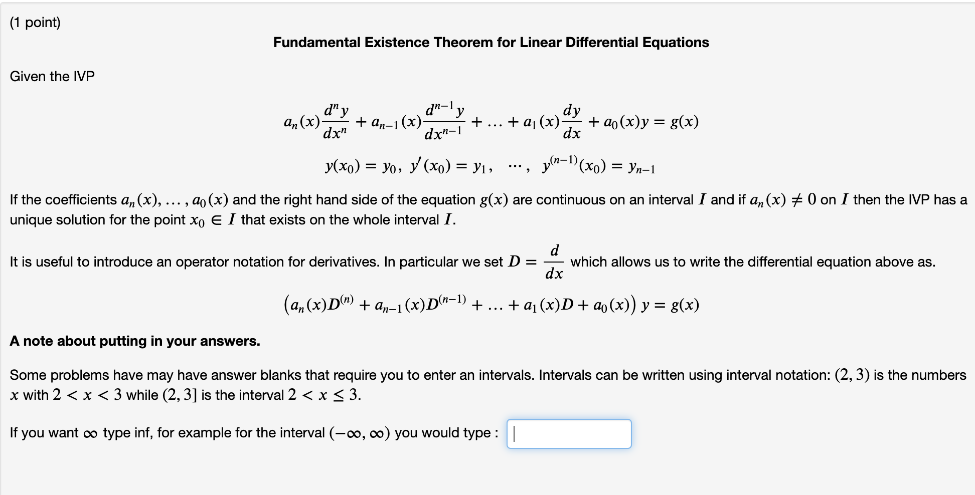 Solved (1 point) Fundamental Existence Theorem for Linear | Chegg.com