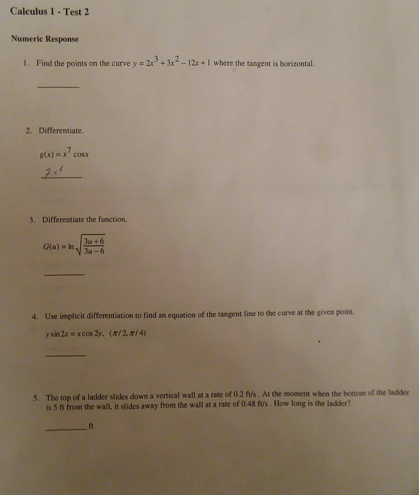 Solved Calculus 1 - Test 2 Numeric Response 1. Find the | Chegg.com