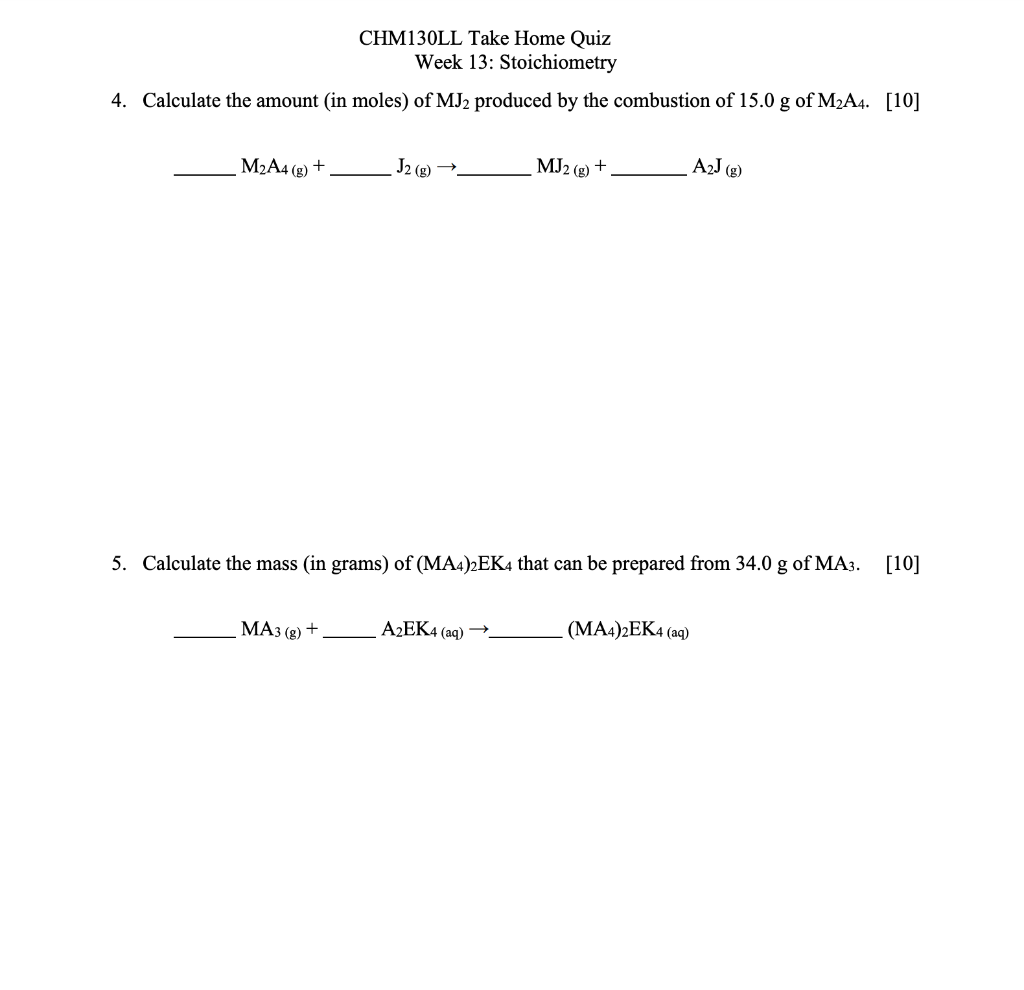 CHM130LL Take Home Quiz Week 13: Stoichiometry Each | Chegg.com