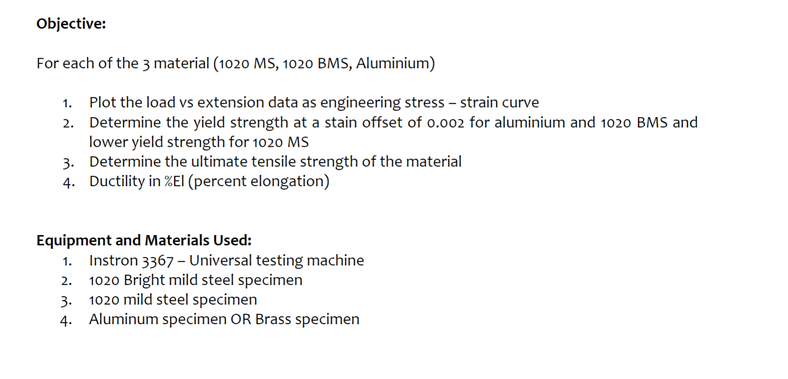 Solved Objective: For each of the 3 material (1020 MS, 1020 | Chegg.com