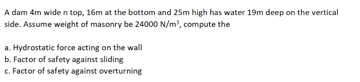 Solved A dam 4m wide n top, 16m at the bottom and 25m high | Chegg.com