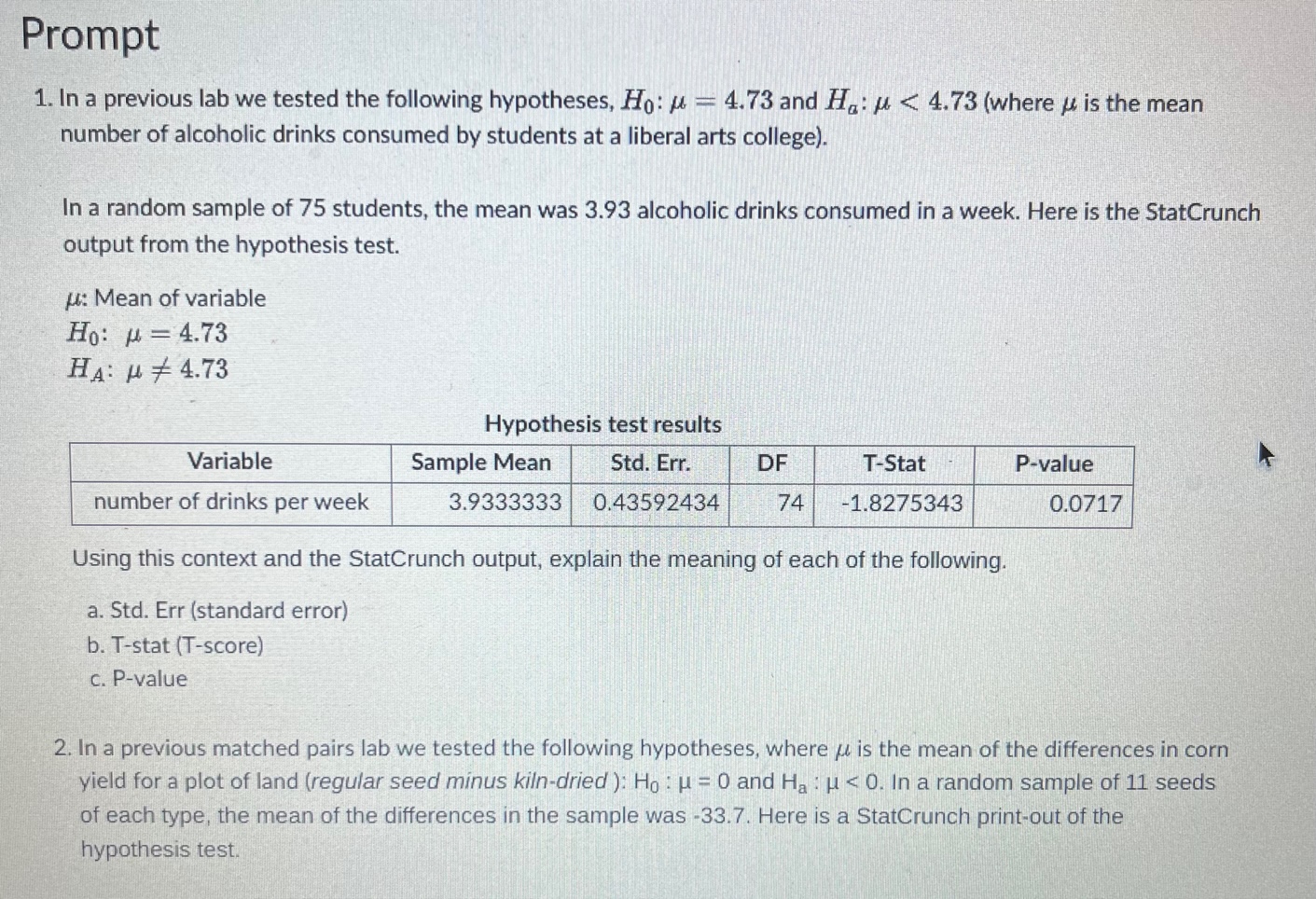 Solved a. Std. Err (standard error) b. T-stat (T-score) c. | Chegg.com