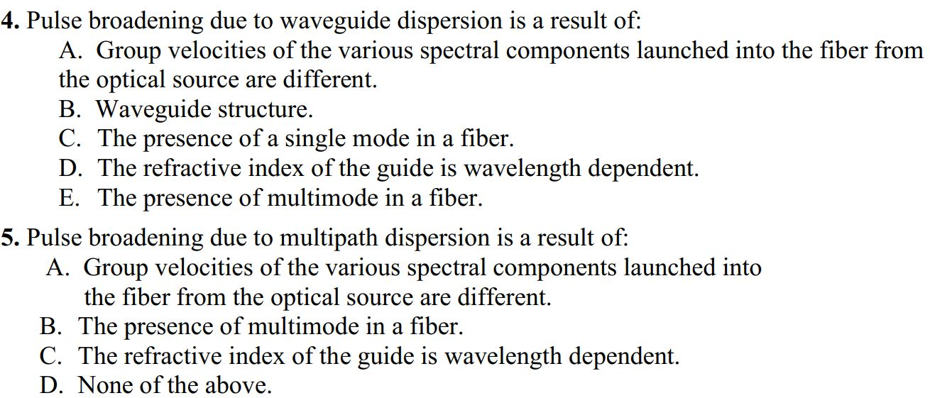 Solved 4. Pulse broadening due to waveguide dispersion is a | Chegg.com