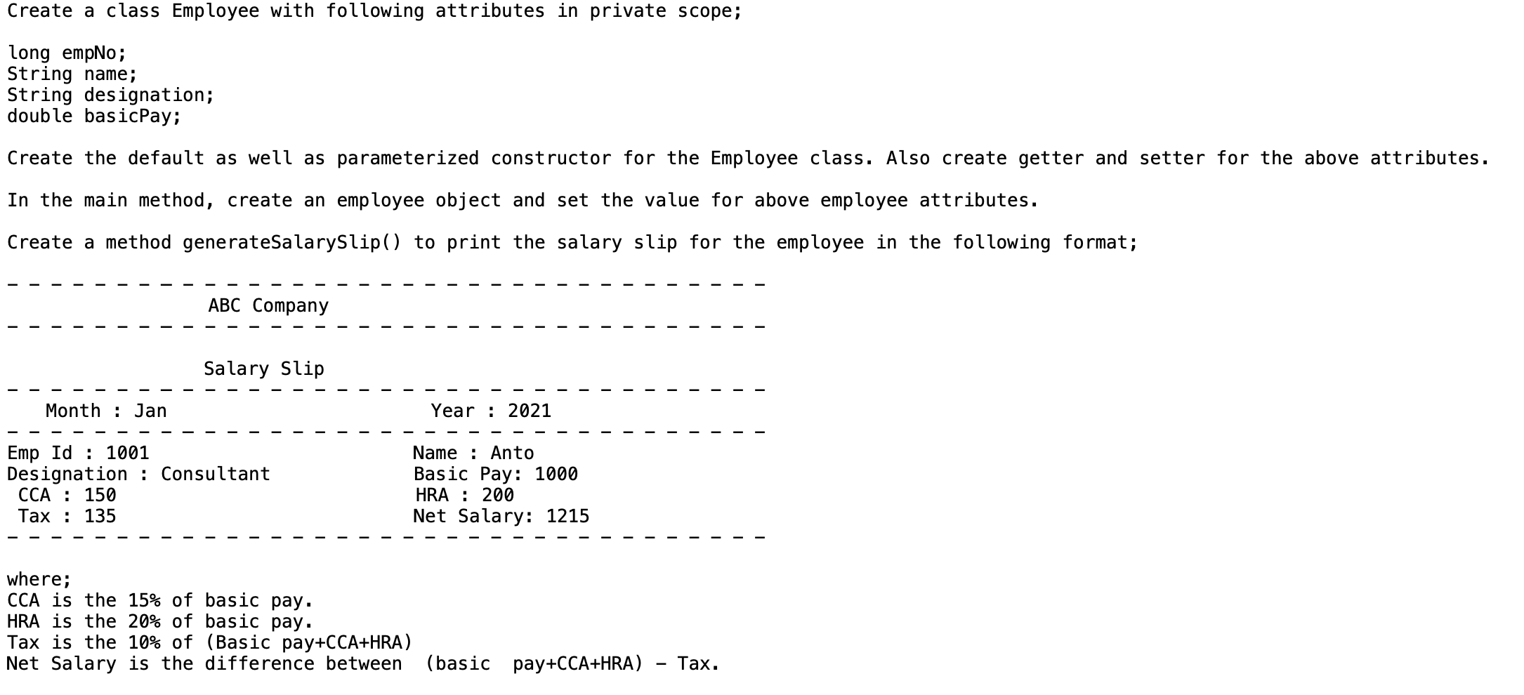 Solved Create a class Employee with following attributes in | Chegg.com