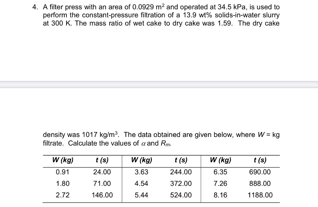 Solved 4. A filter press with an area of 0.0929 m2 and | Chegg.com